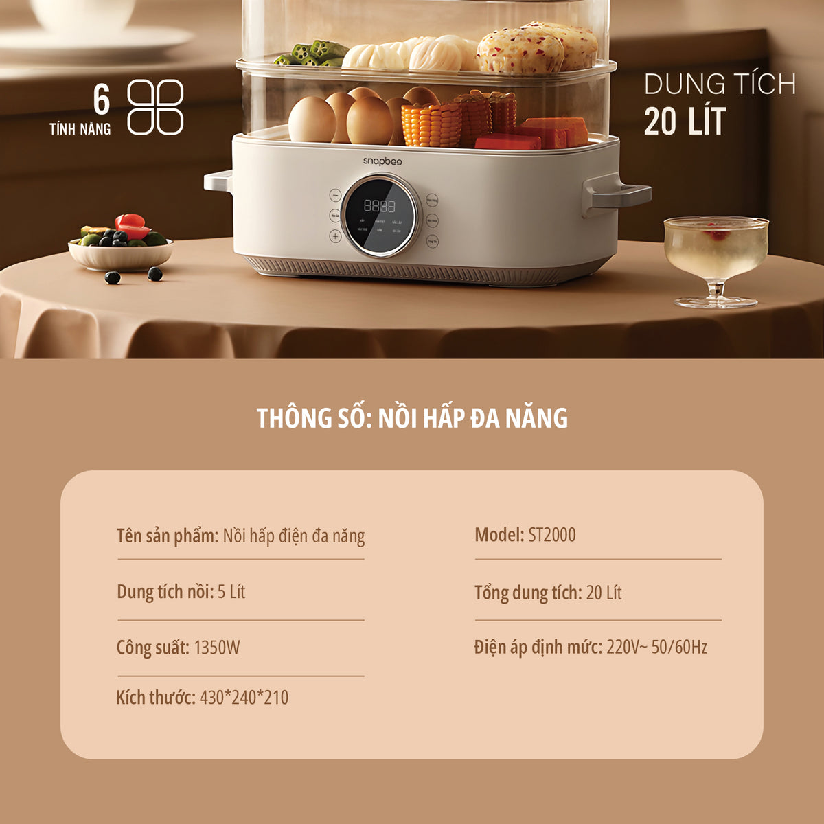 Nồi Hấp Điện Đa Năng SNAPBEE ST2000 - Thông Tầng - Dung Tích 20 Lít ...